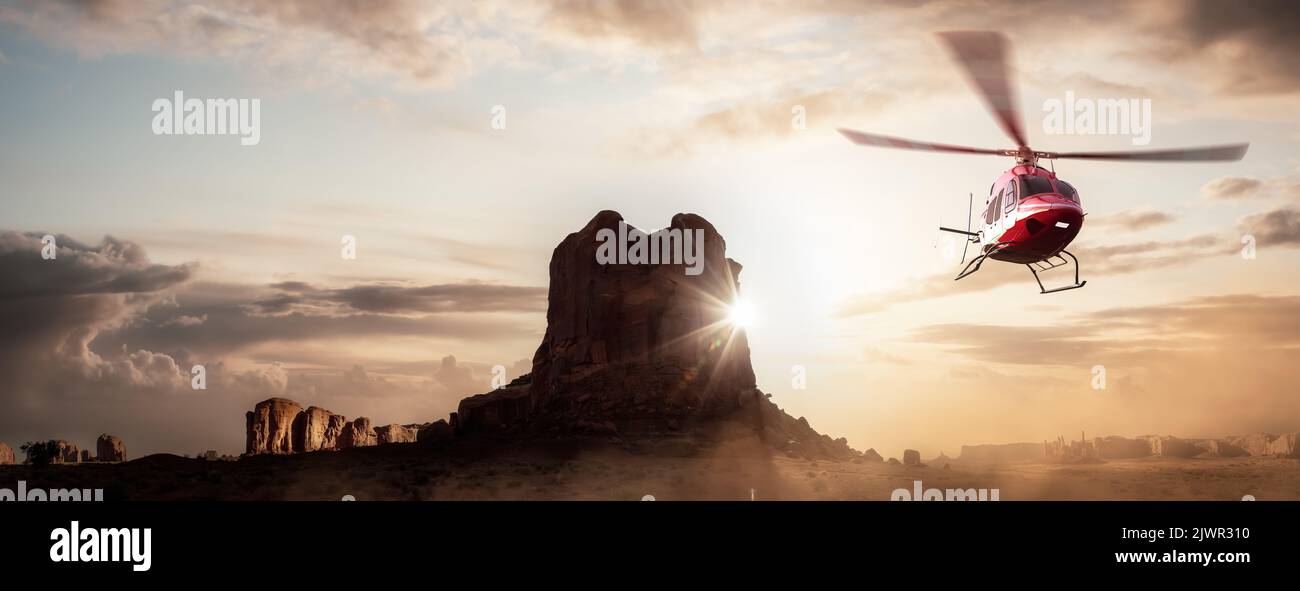Helicopter flying over Desert Rocky Mountain American Landscape Stock ...