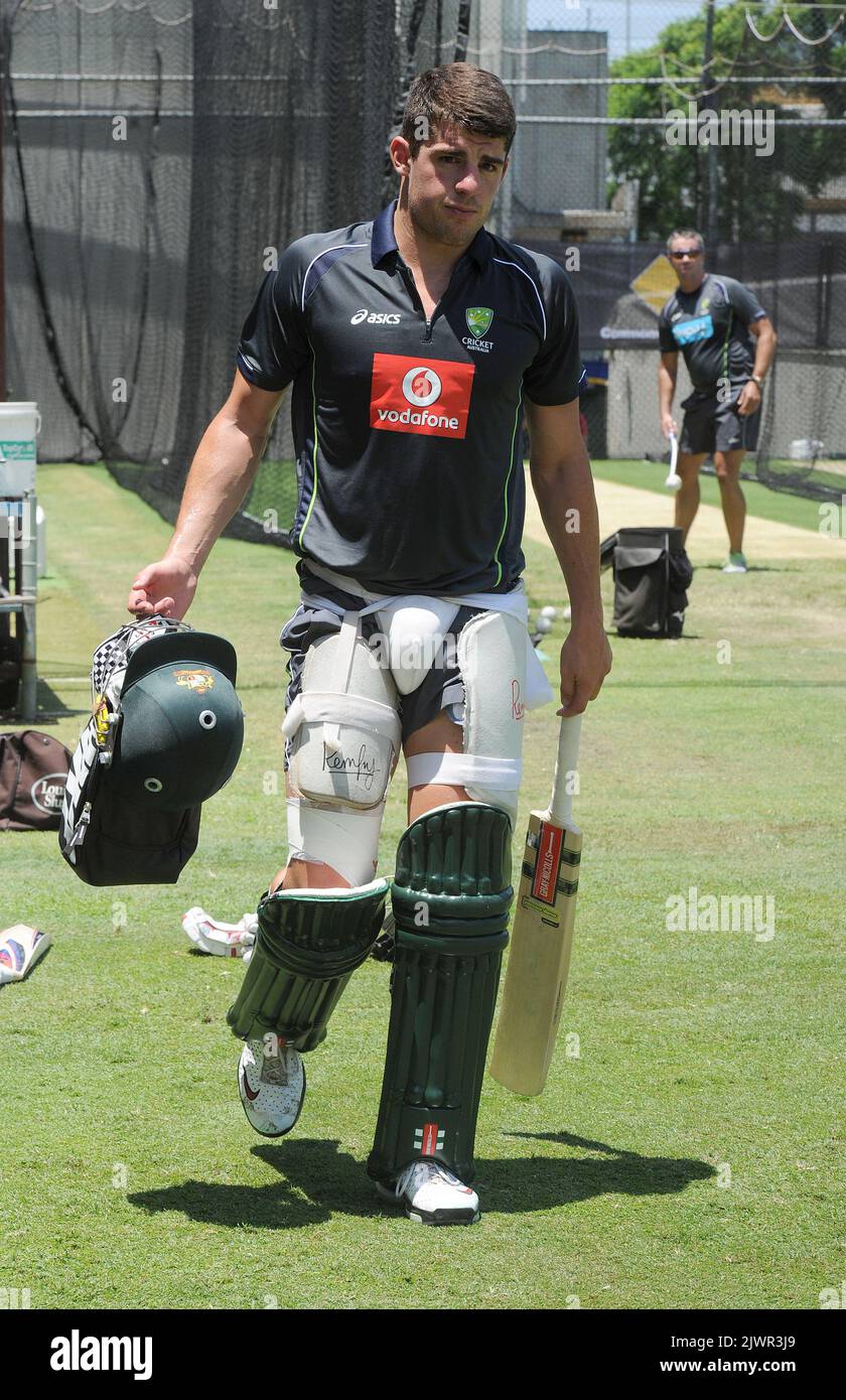 Moises Henriques walks from the nets after injuring his finger during ...