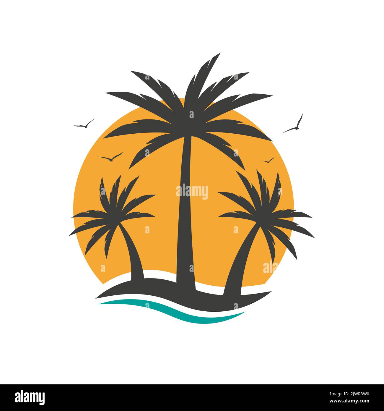 Palm tree, sun and birds. Summer icon. Sunset or sunrise concept on an ...