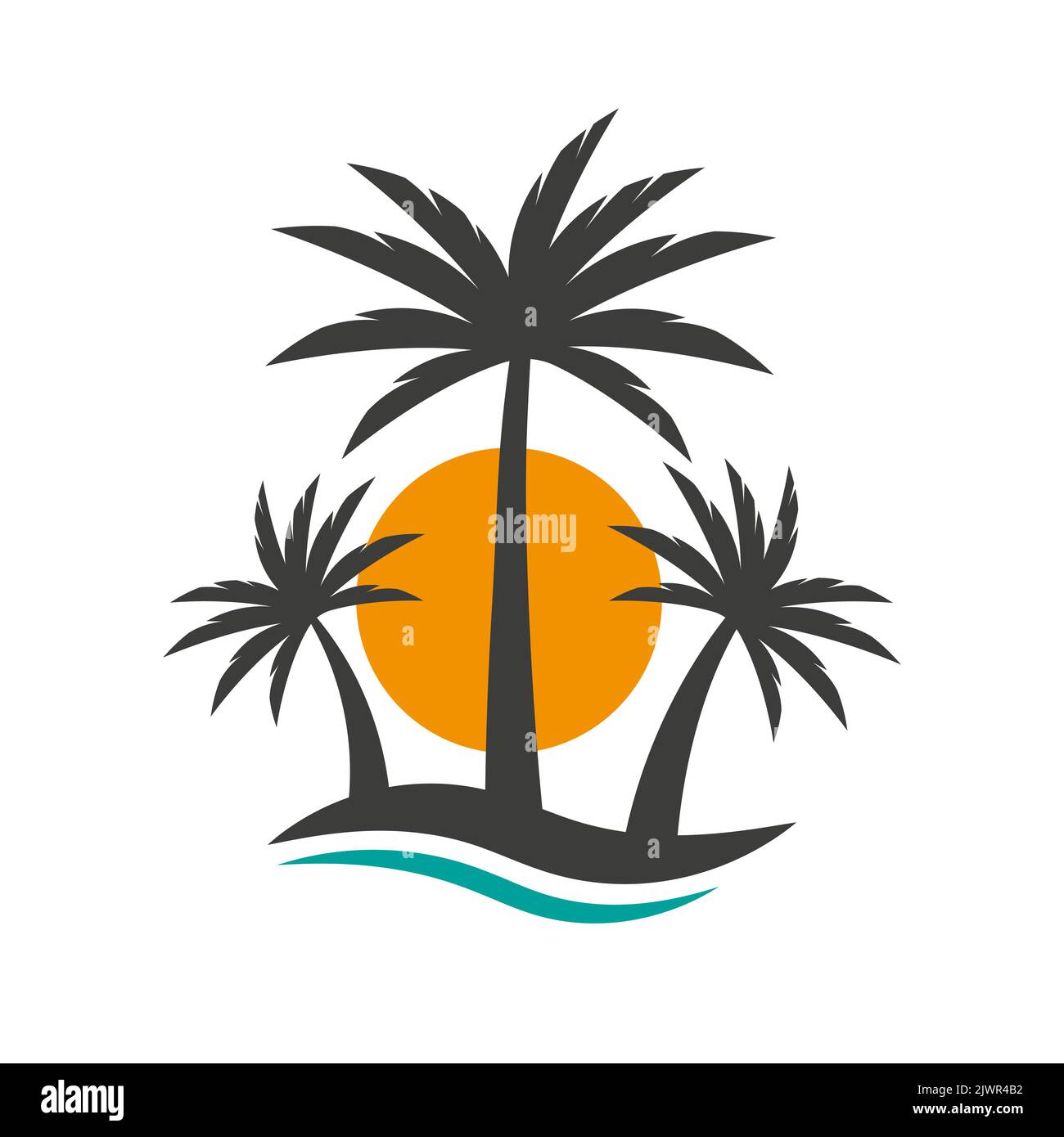 Palm tree, sun and birds. Summer icon. Sunset or sunrise concept on an ...