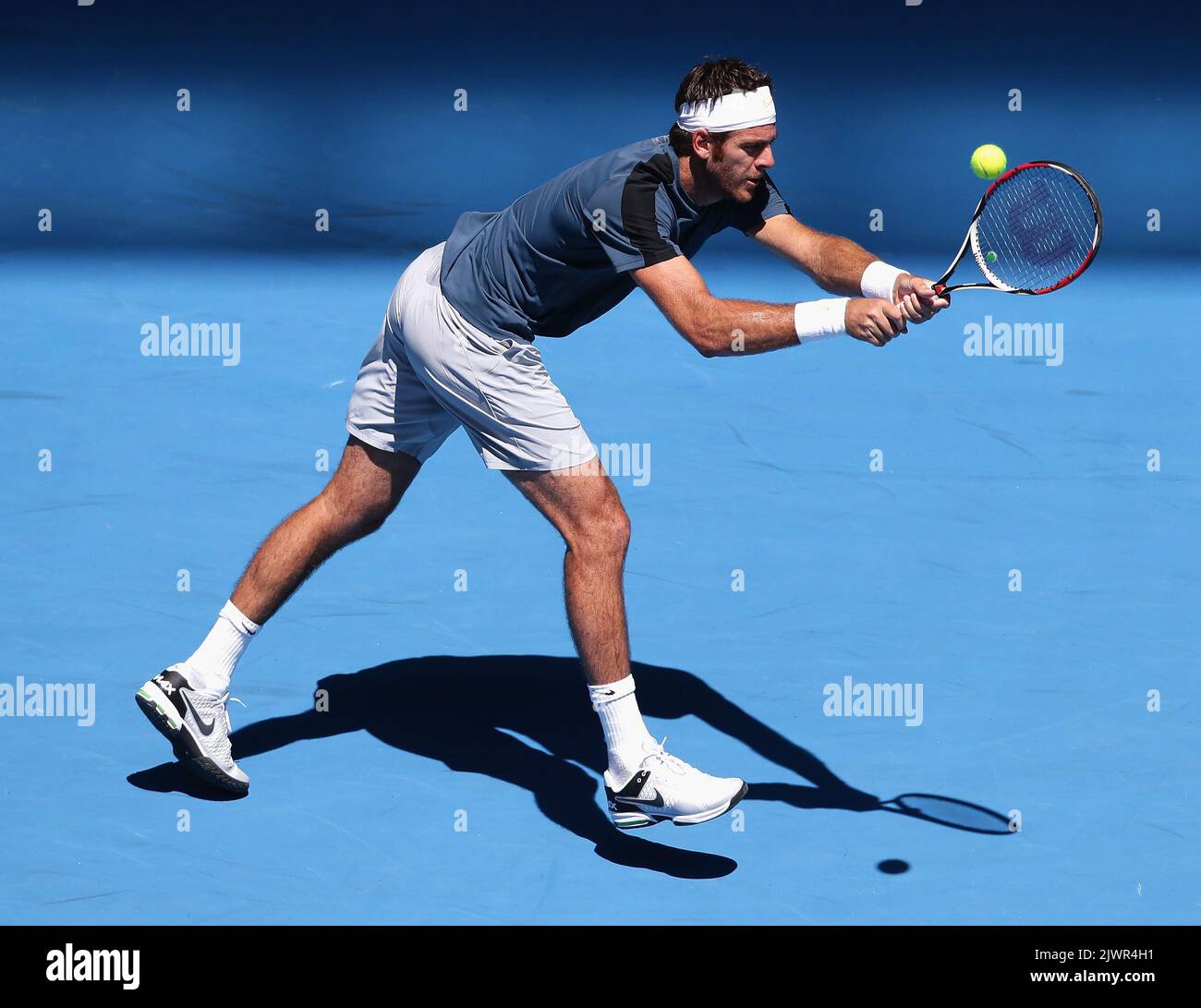 Juan Martin Del Potro of Argentina plays a backhand return during his ...