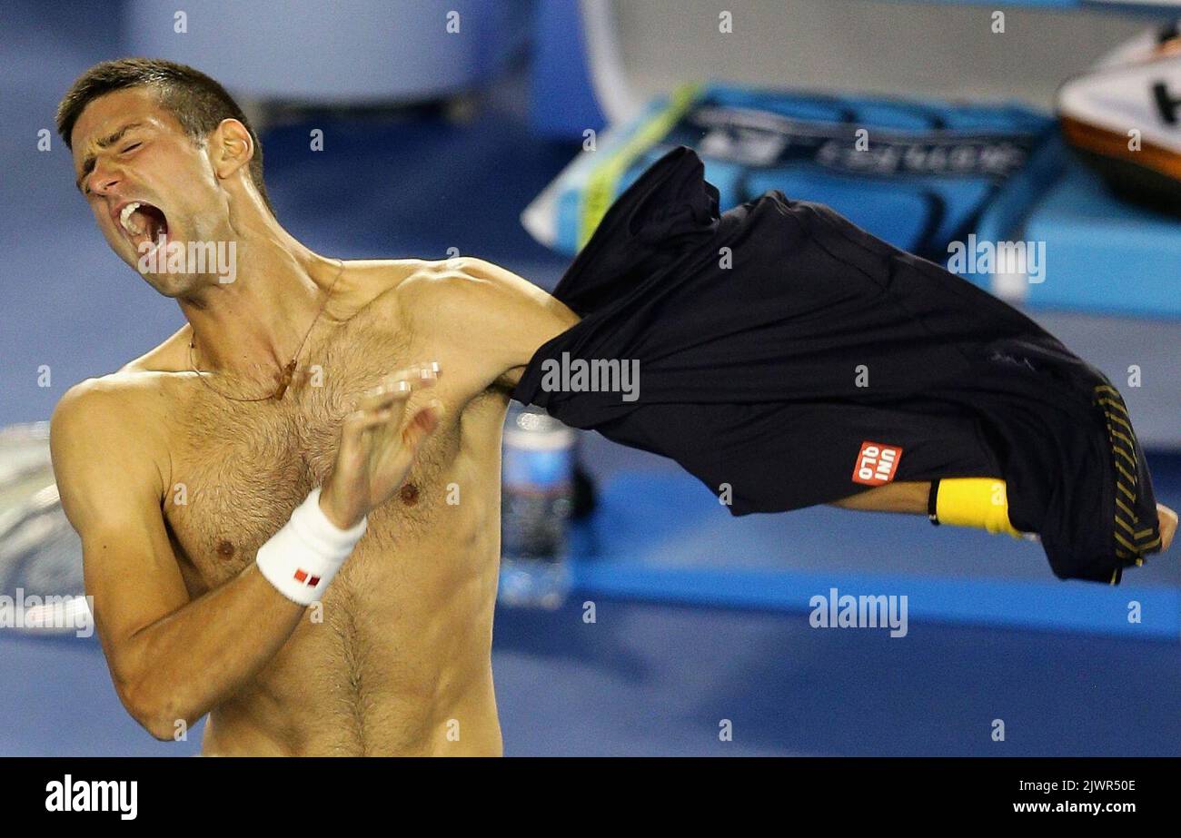 Novak Djokovic of Serbia celebrates winning his match against Stanislas ...