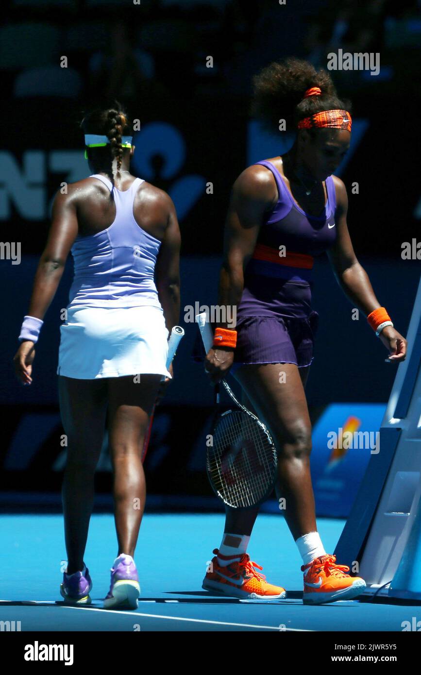 Sloane Stephens (L) and Serena Williams (R) of the US walk to their ...