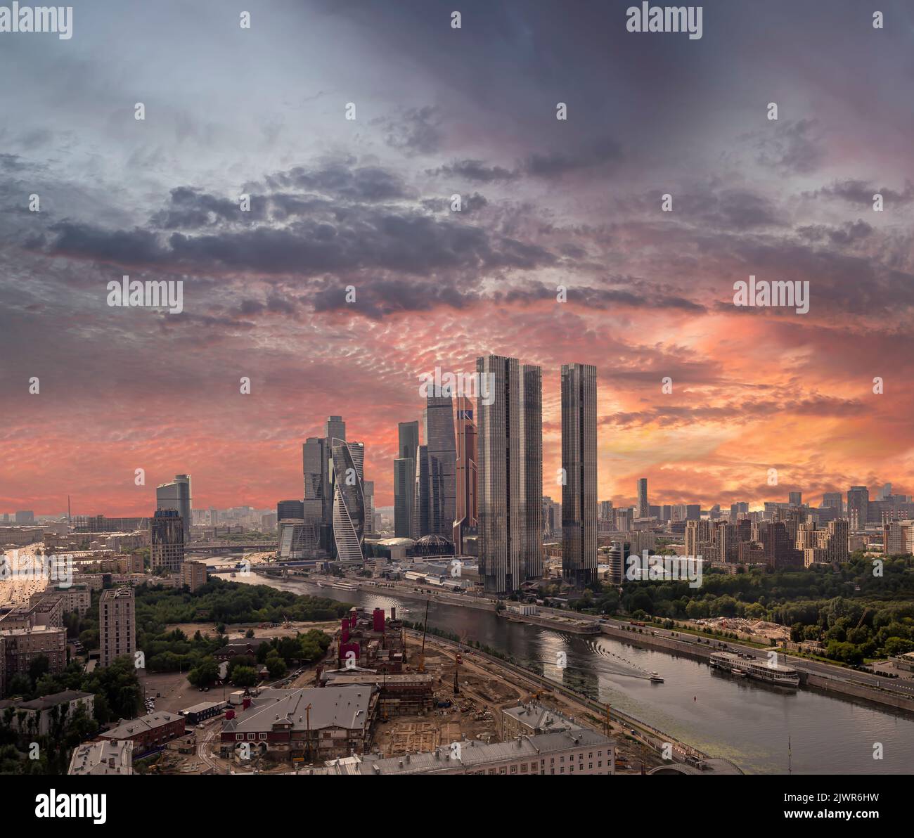 Aerial view of center of Moscow (City) against the background of a ...