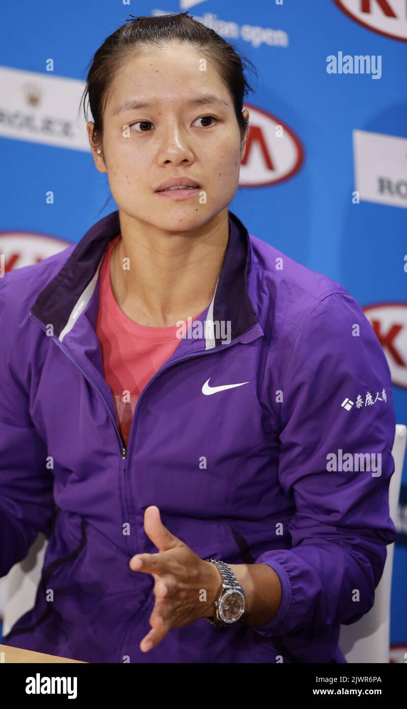 Li Na of China gestures during a press conference at the Australian ...