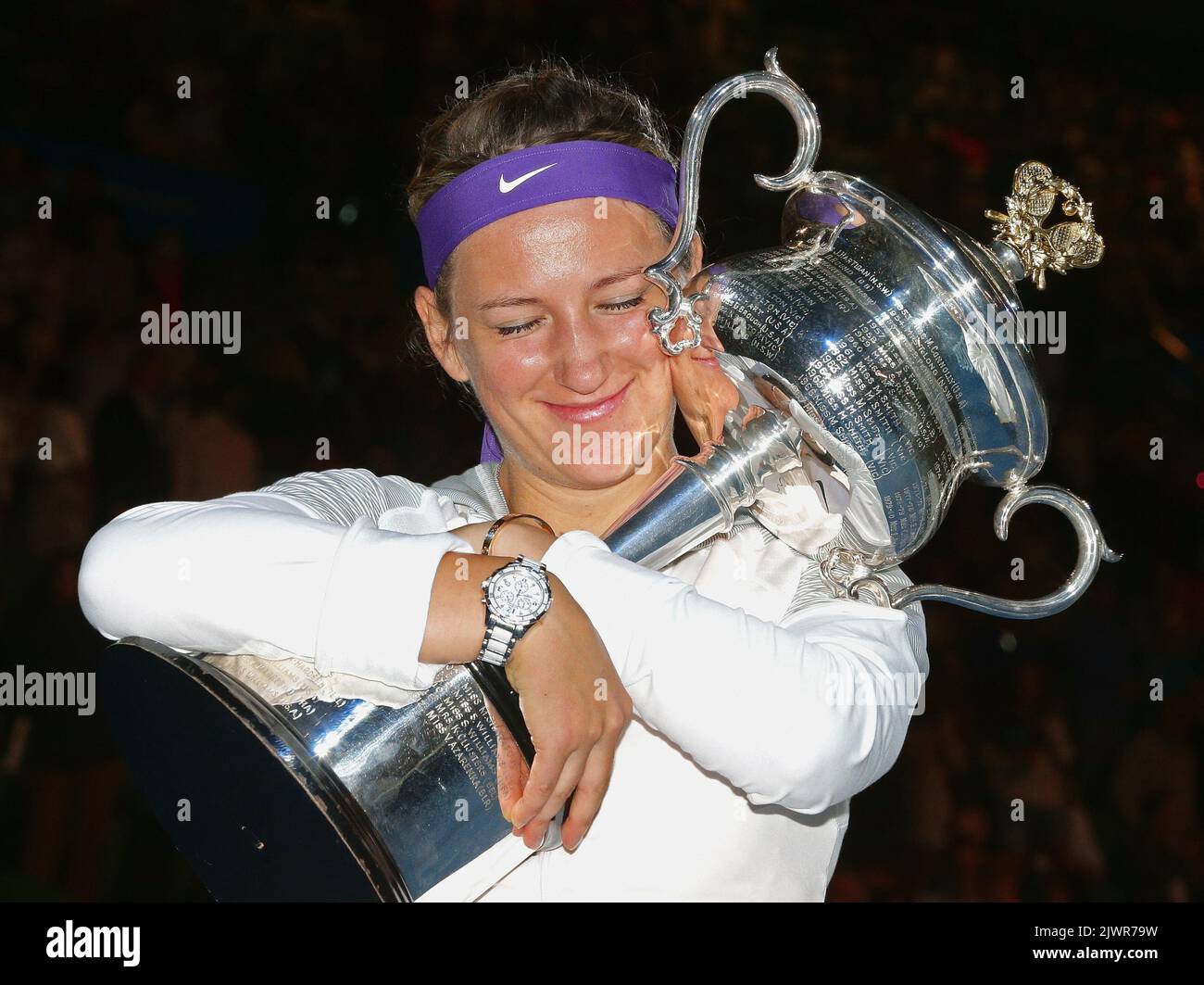 Victoria Azarenka of Belarus poses for photos with her trophy after ...