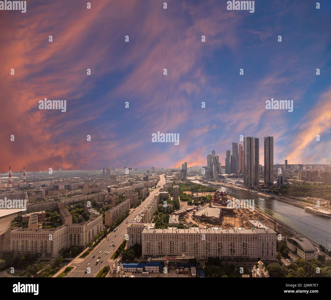 Aerial view of center of Moscow (City) against the background of a ...