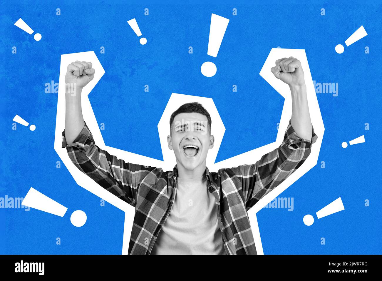 Happy guy celebrating success, raising hands up, collage Stock Photo ...