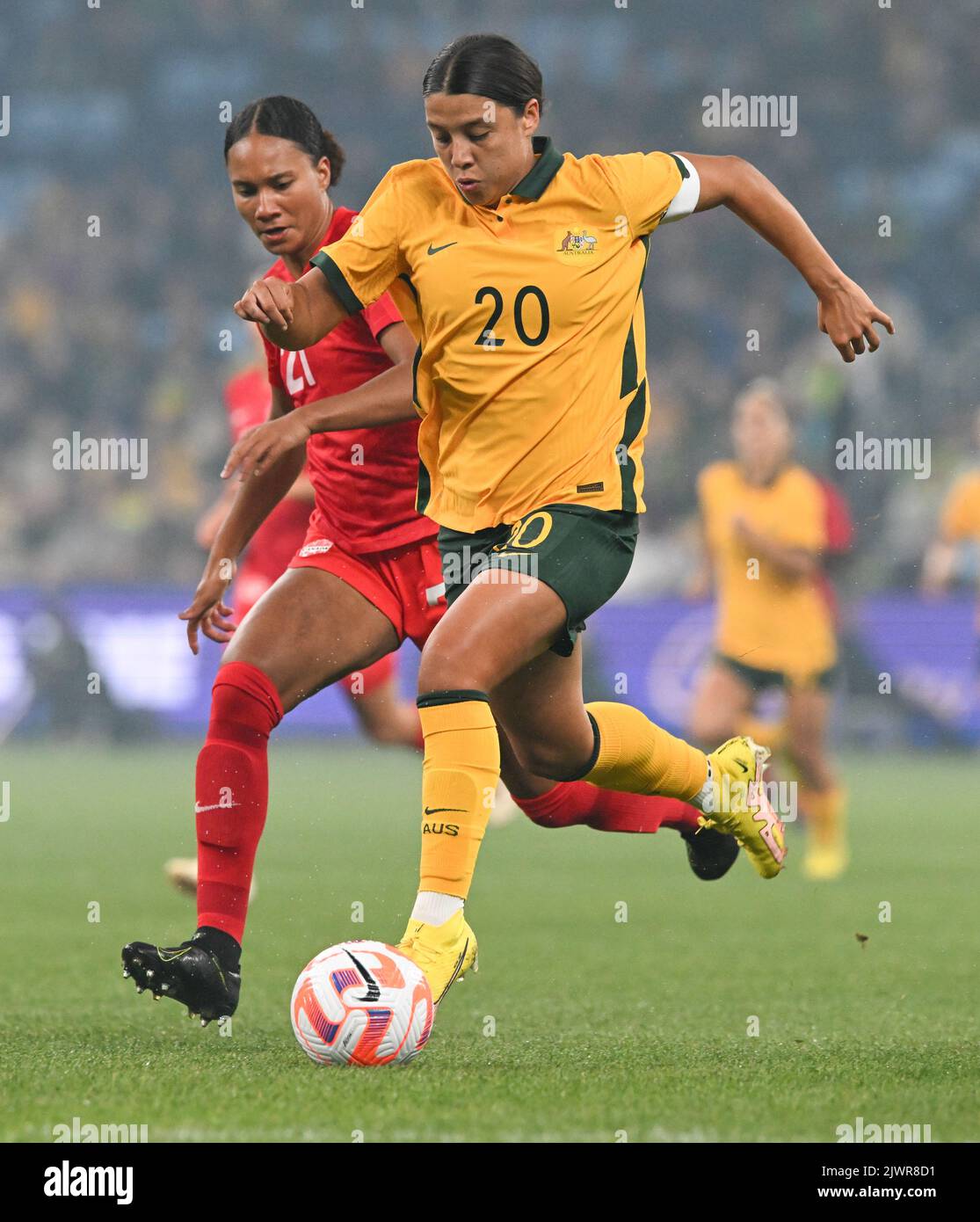 Jade Rose of the Canadian Women's Soccer team (R) and Sam Kerr of the Australian Women's Soccer ...