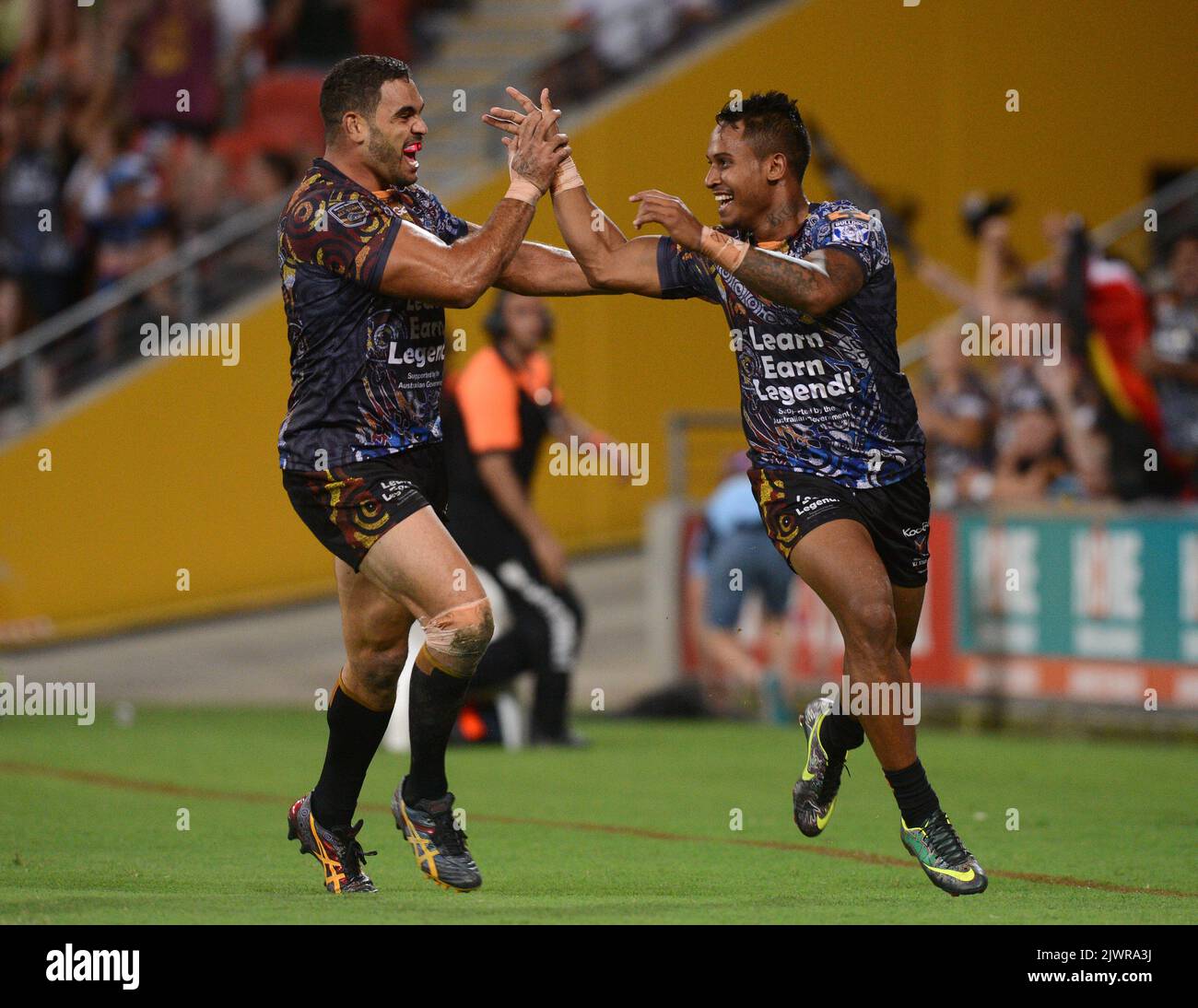 Greg Inglis and Ben Barba of Indigenous All Stars after scoring the ...