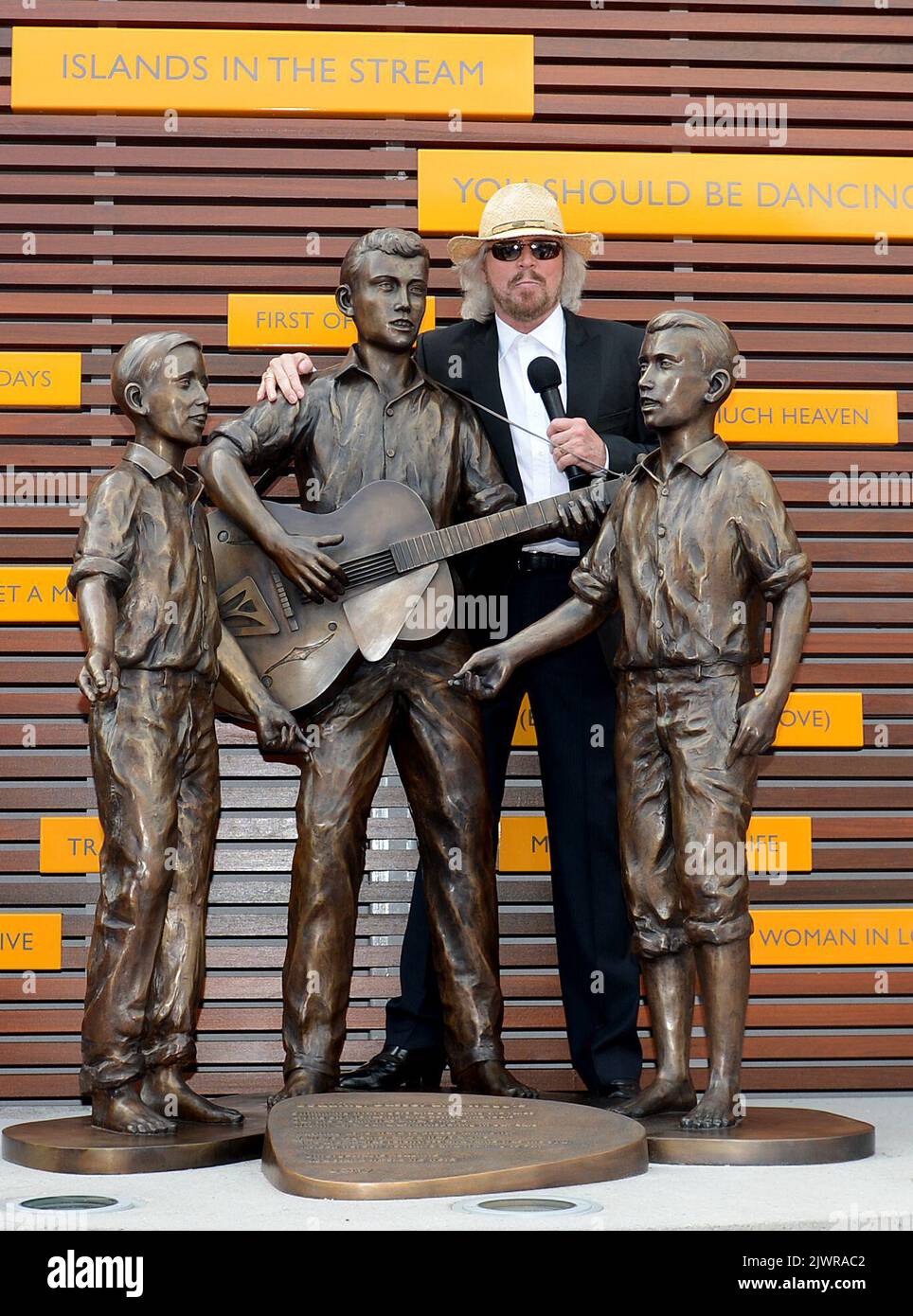 Barry Gibb looks on after the unveiling of a statue of Bee Gees band ...