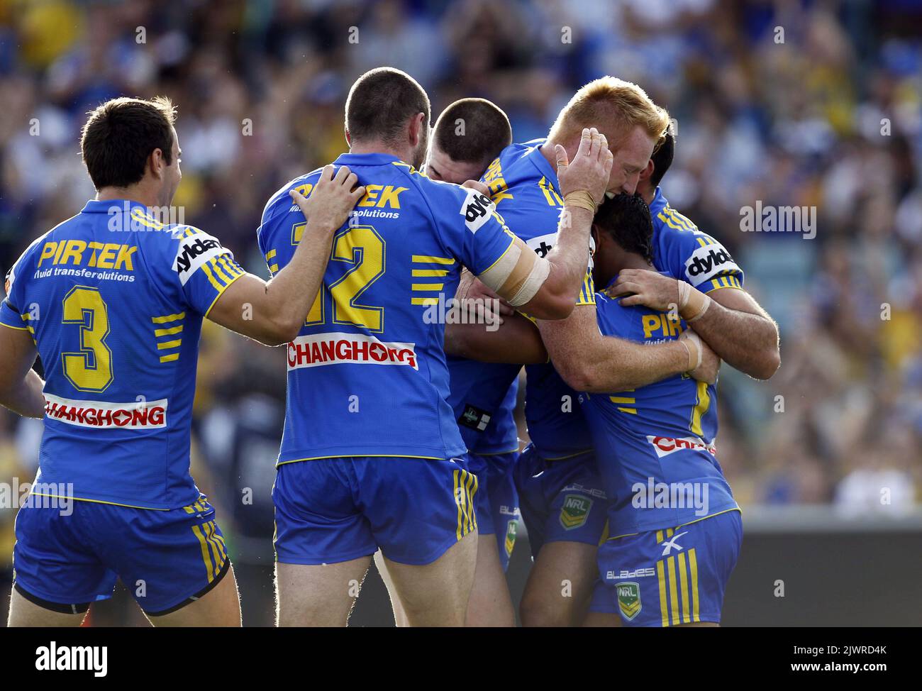 Eels celebrate the try of Chris Sandow during the NRL Rugby League ...