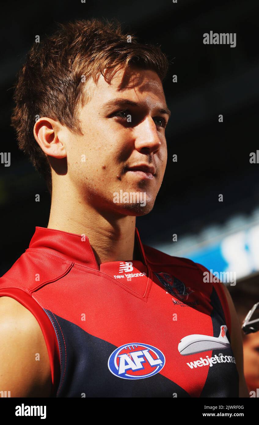 Jack Trengove co-captain of the Melbourne Demons speaks to the media ...