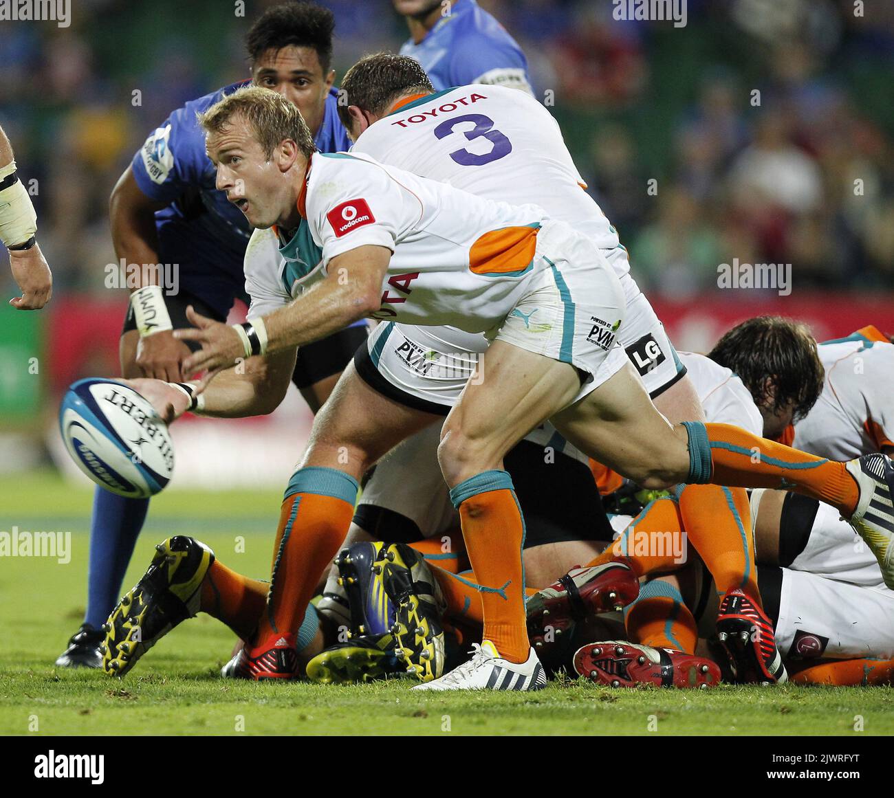Cheetah's Sarel Pretorius passes the ball after a scrum against the ...