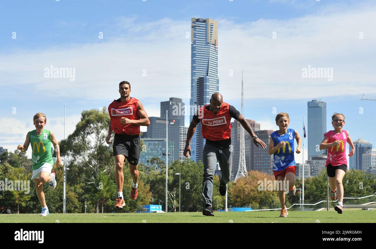 Australian sprinter Josh Ross (far left), Jamaican Asafa Powell (centre ...