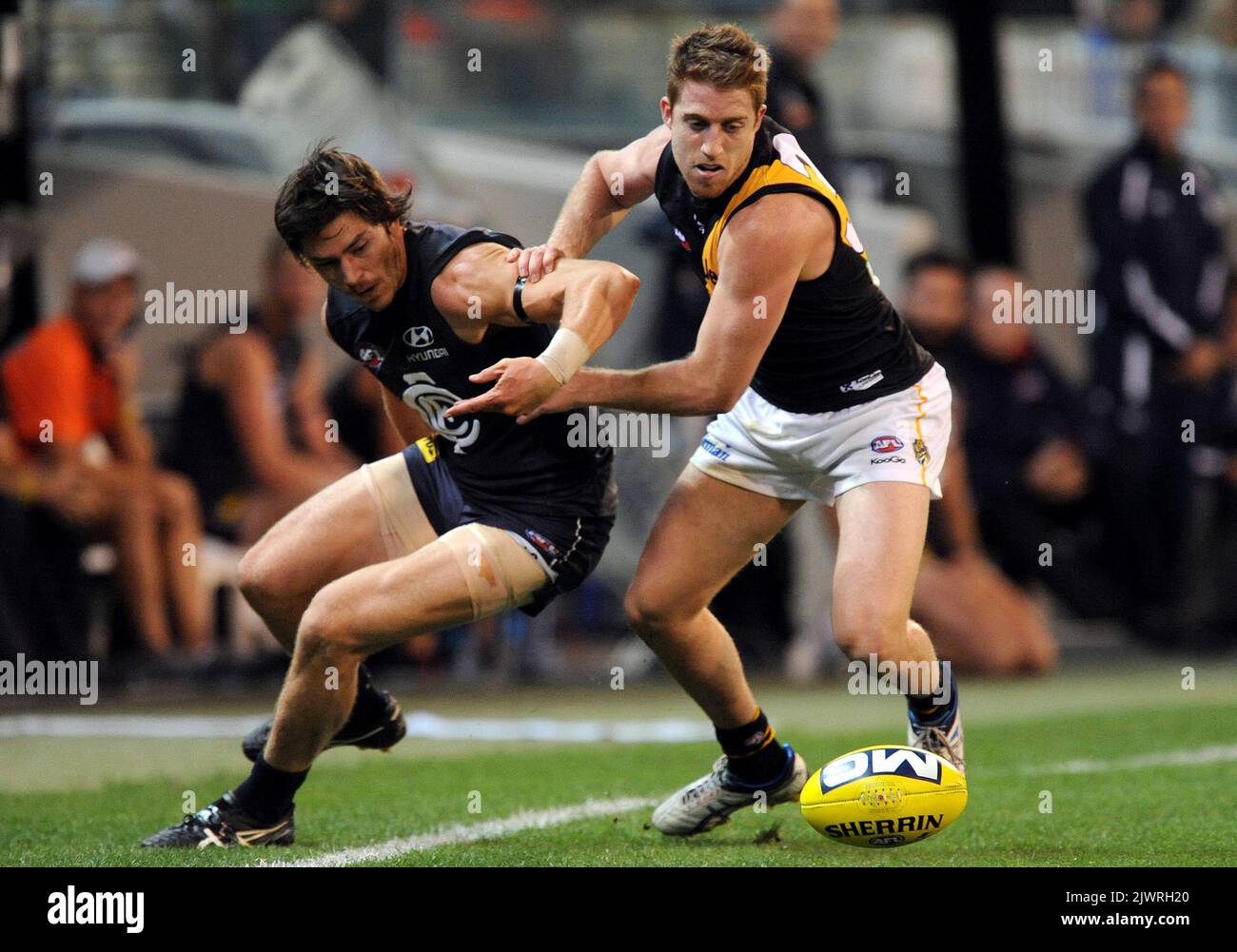 Reece Conca of Richmond and Nick Duigan of Carlton, contest for the ...