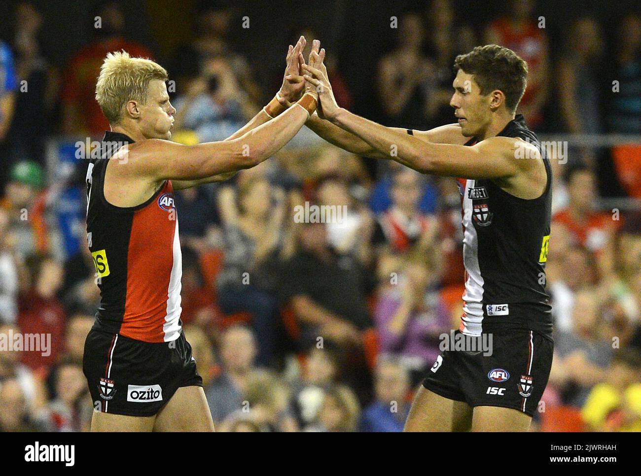 St Kilda's player Nick Riewoldt celebrates after kicking a goal during ...