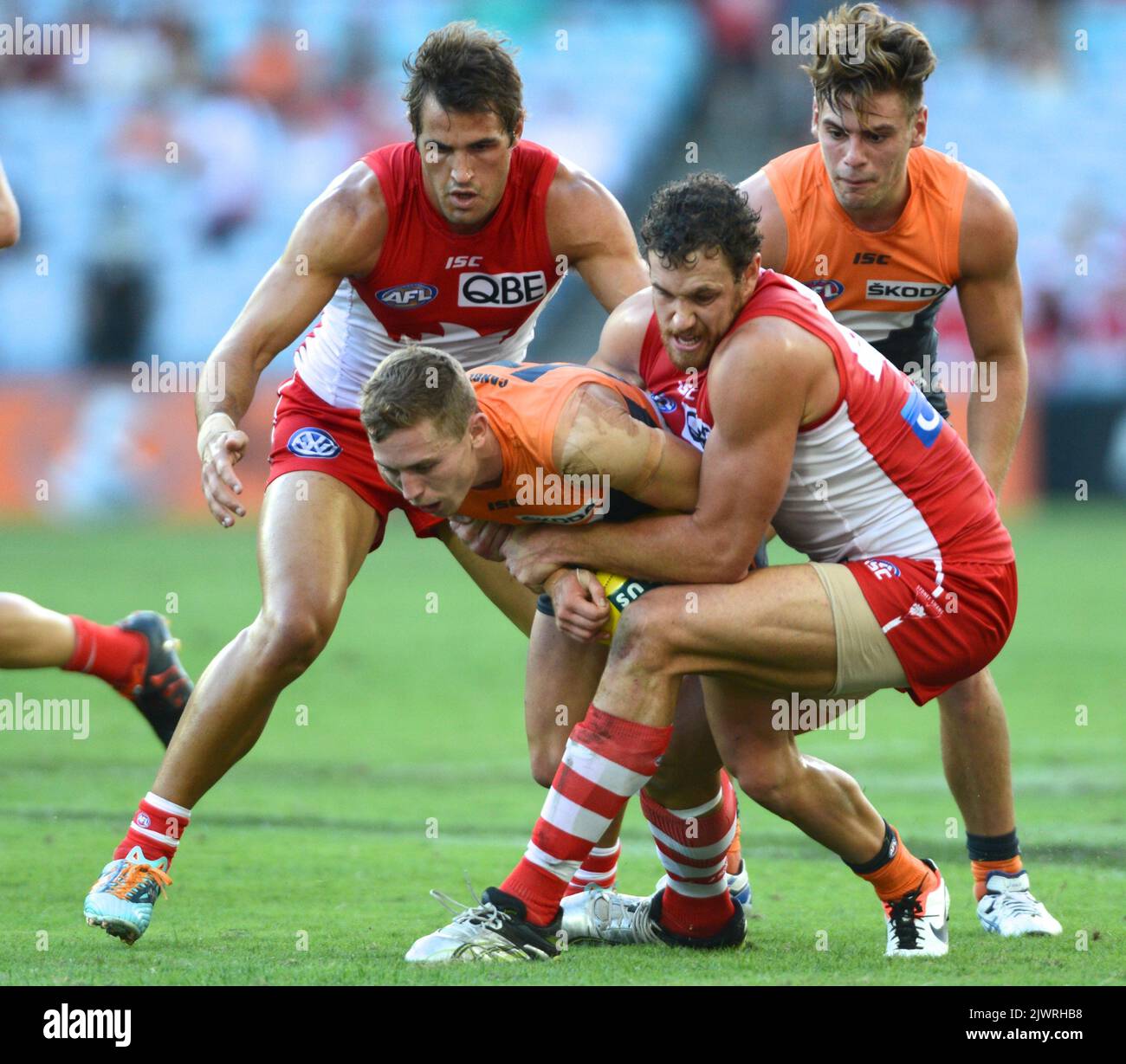 Sydney Swans' Shane Mumford tackles the Greater Western Sydney Giants ...