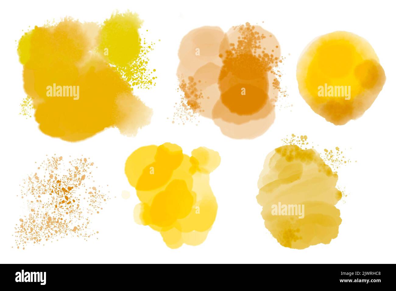 Watercolor set of yellow spots. Yellow watercolor blobs. Paint stains ...
