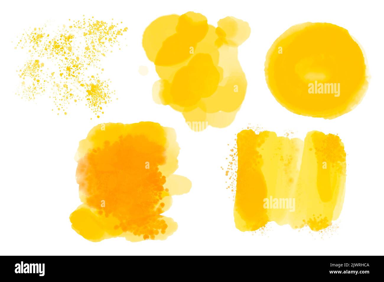 Watercolor set of yellow spots. Yellow watercolor blobs. Paint stains ...