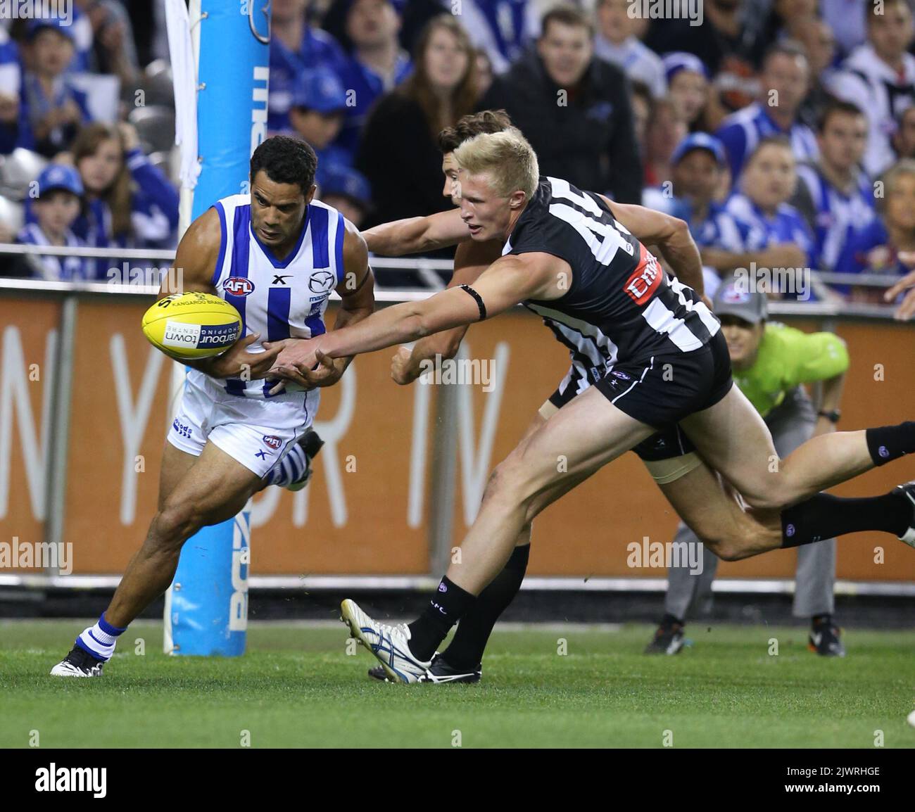 Daniel Wells in action for North Melbourne under pressure from Jack ...