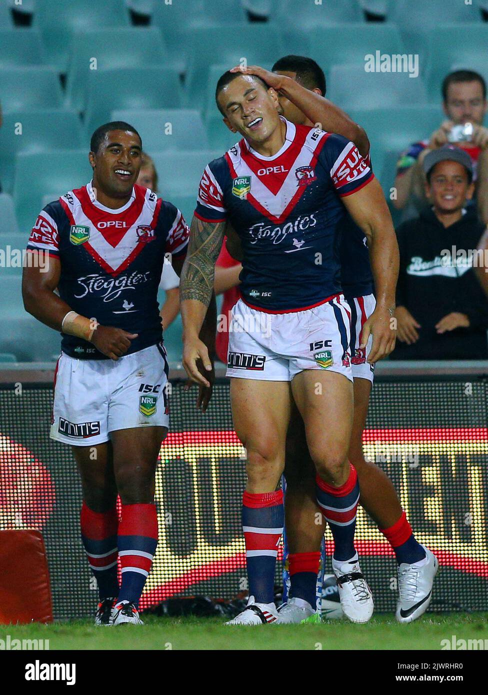 Roosters celebrate the try of Sonny Bill Williams during the NRL Round ...