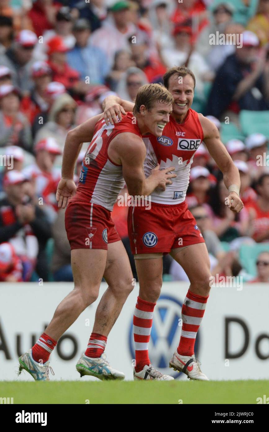 Sydney Swans' Luke Parker celebrates his goal with team mate Jude ...