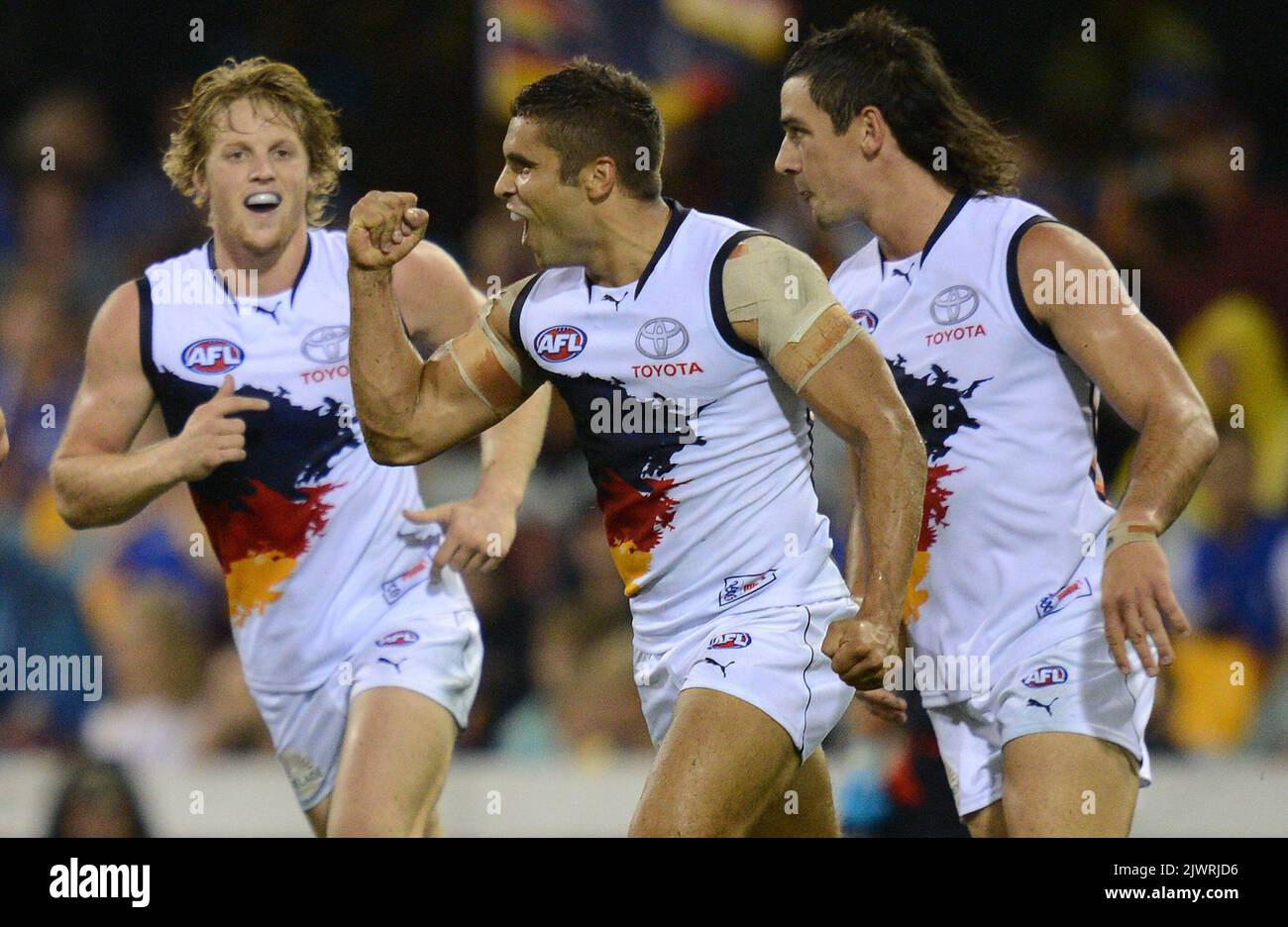 Crows' player Jared Petrenko reacts after kicking a goal late in the ...