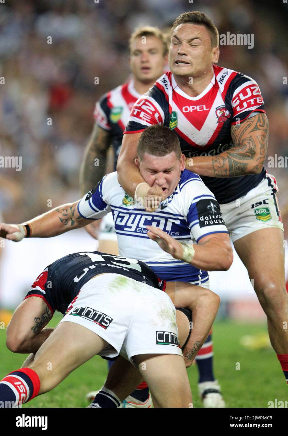 Greg Eastwood hit hard and high by Hargreaves during the NRL Round 6 ...