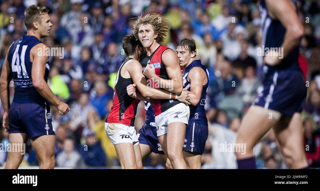 Dyson Heppell of Essendon celebrates a goal during the round three AFL ...