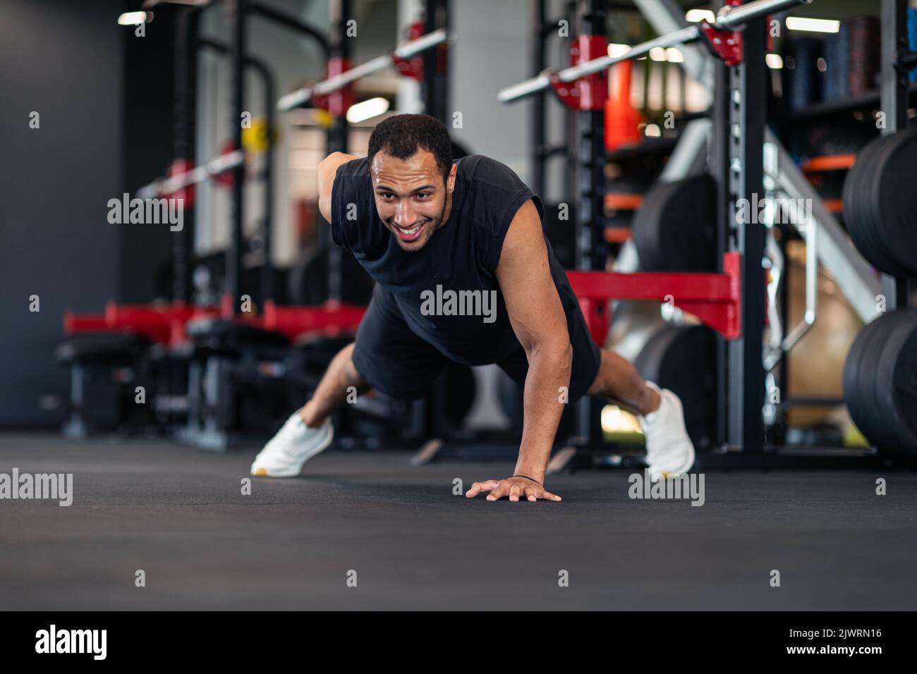Motivated Black Male Athlete Making Push Up Exercise On One Hand Stock ...