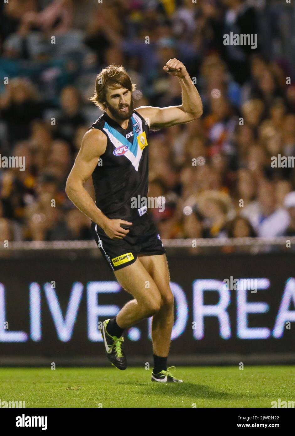 Justin Westhoff of Port Adelaide reacts after kicking a goal, during ...
