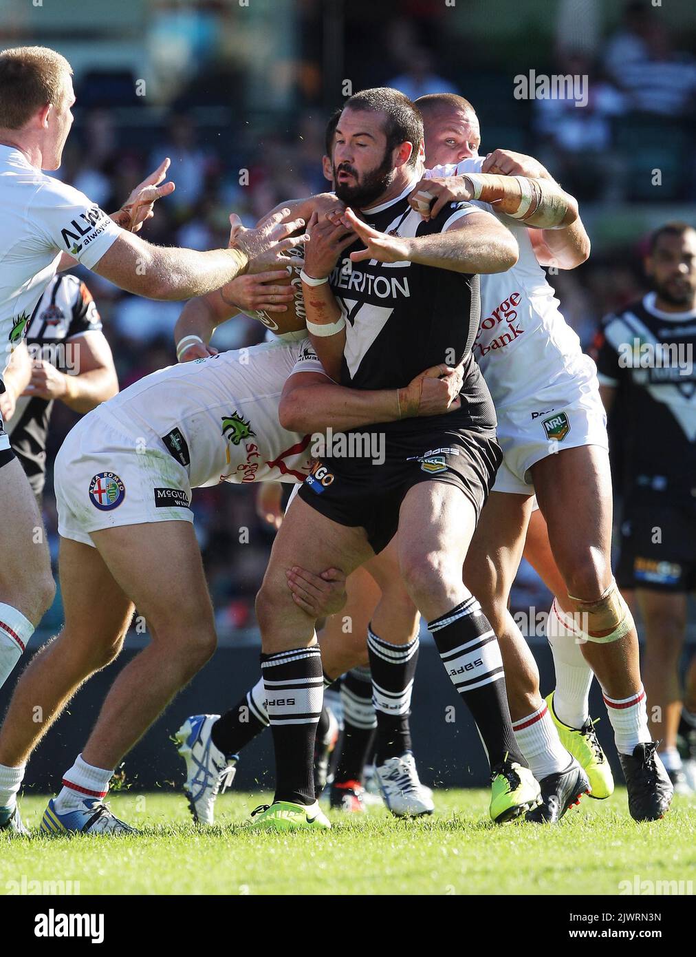 Aaron Woods is tackled during the NRL round 6 match between Wests ...