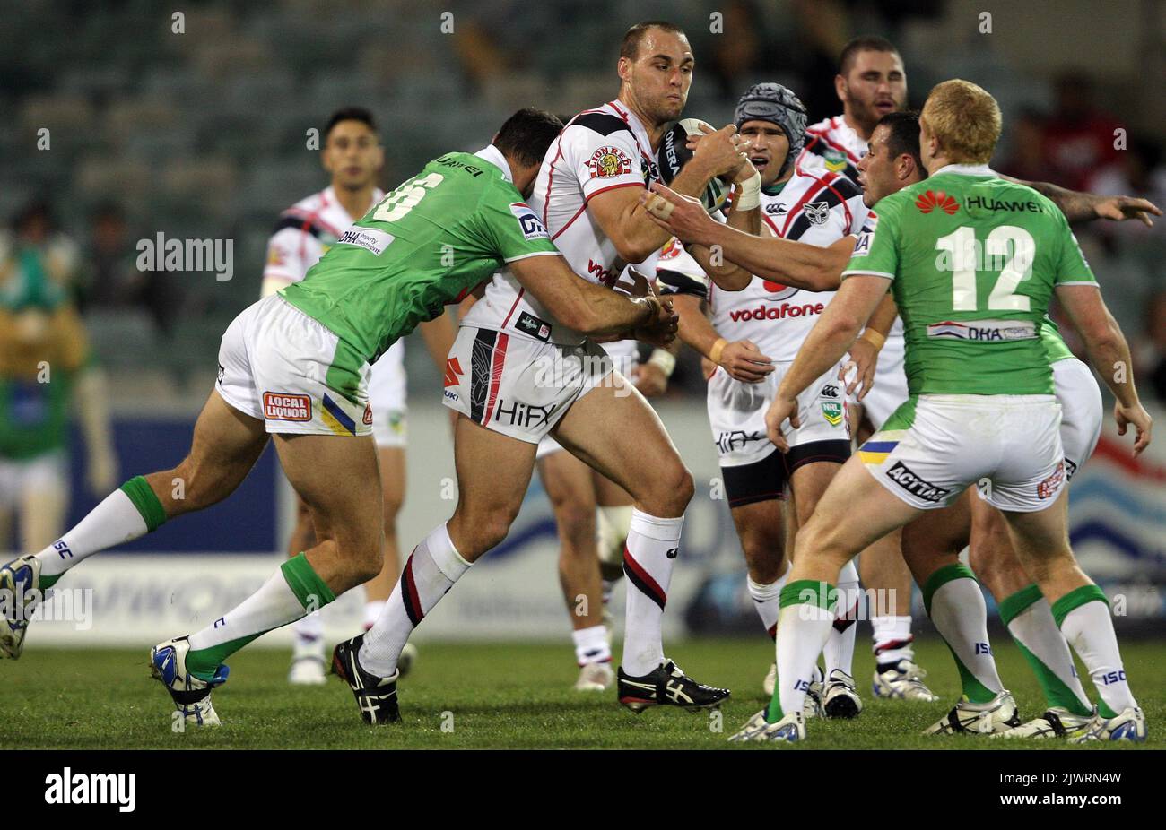Simon Mannering is tackled during the NRL Round 6 match between Raiders ...