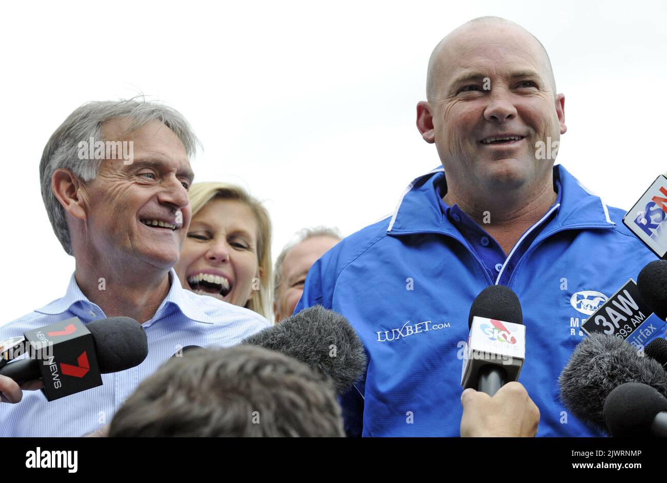 Trainer Peter Moody (right) and Black Caviar co-owner Neil Werret smile ...