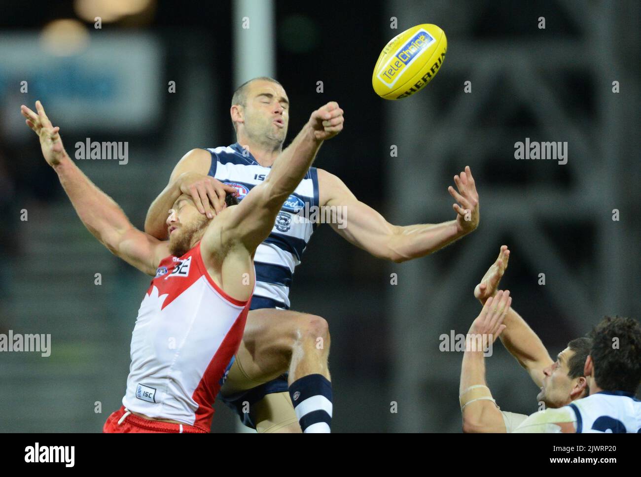 Sydney Swans' Shane Mumford and Geelong's James podsiadly fight for a ...