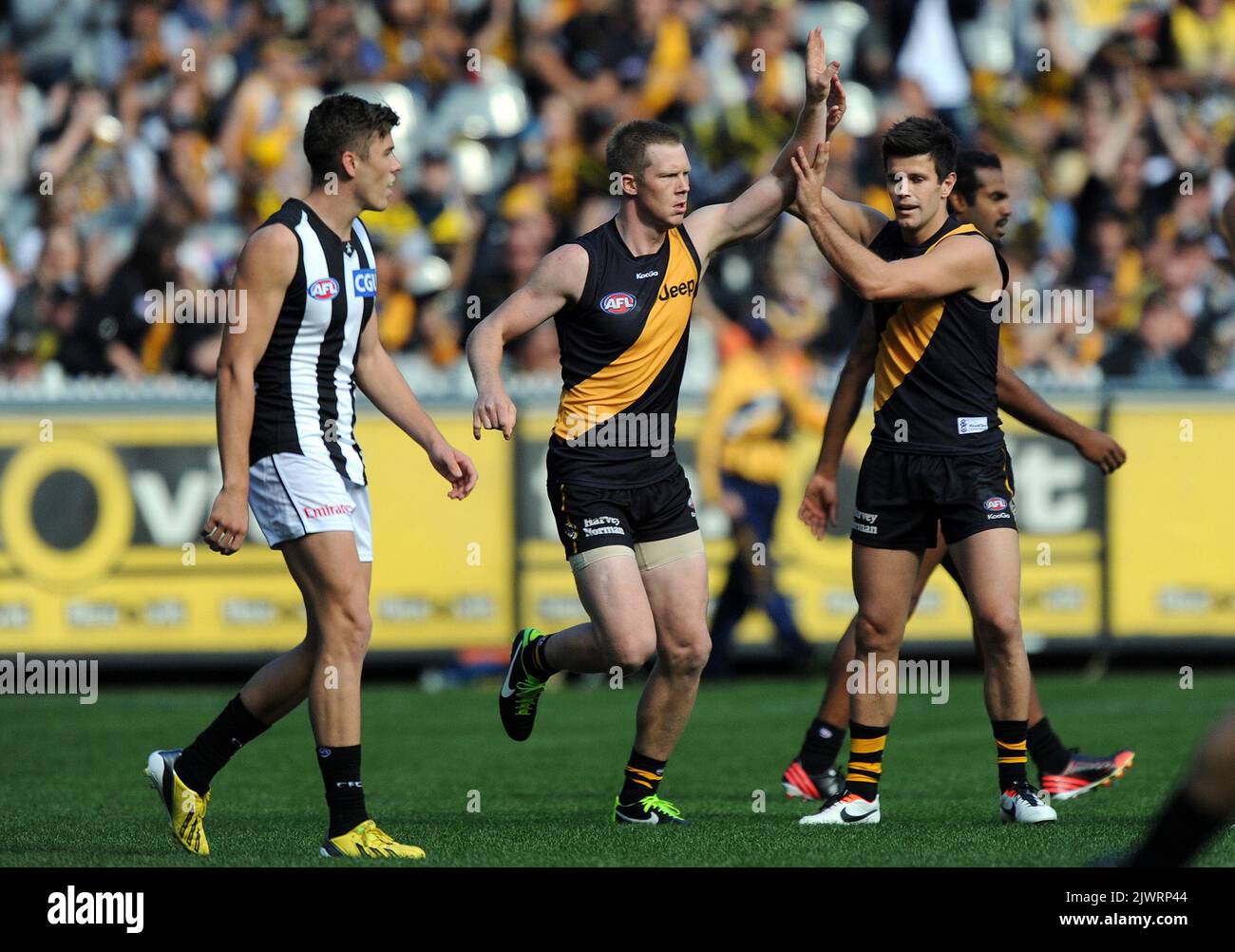 Jack Riewoldt of Richmond celebrates kicking the first goal of the day ...