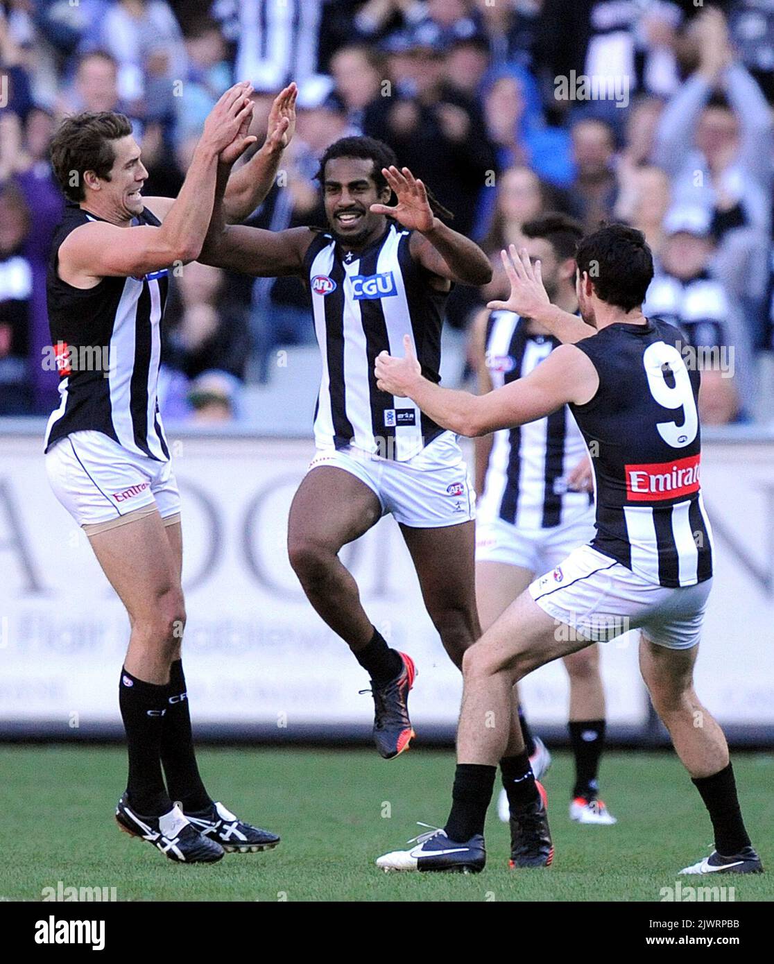 Harry O'Brien of Collingwood celebrates kicking a goal, during the ...