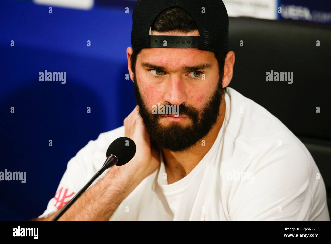 Liverpool's Brazilian goalkeeper Alisson Becker During press conference ...