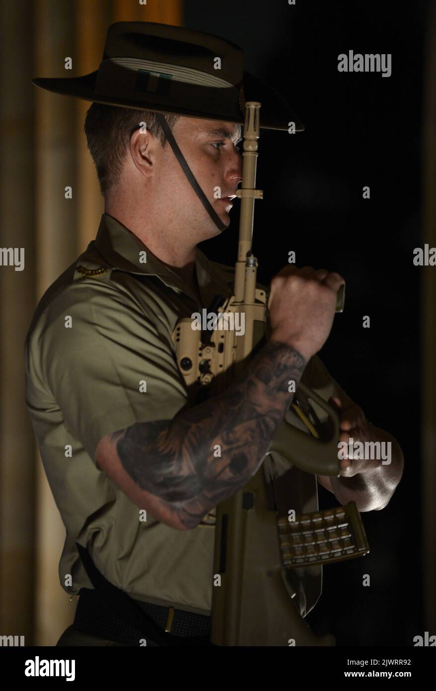 A soldier stands guard at the Shrine of Remembrance during an ANZAC Day ...