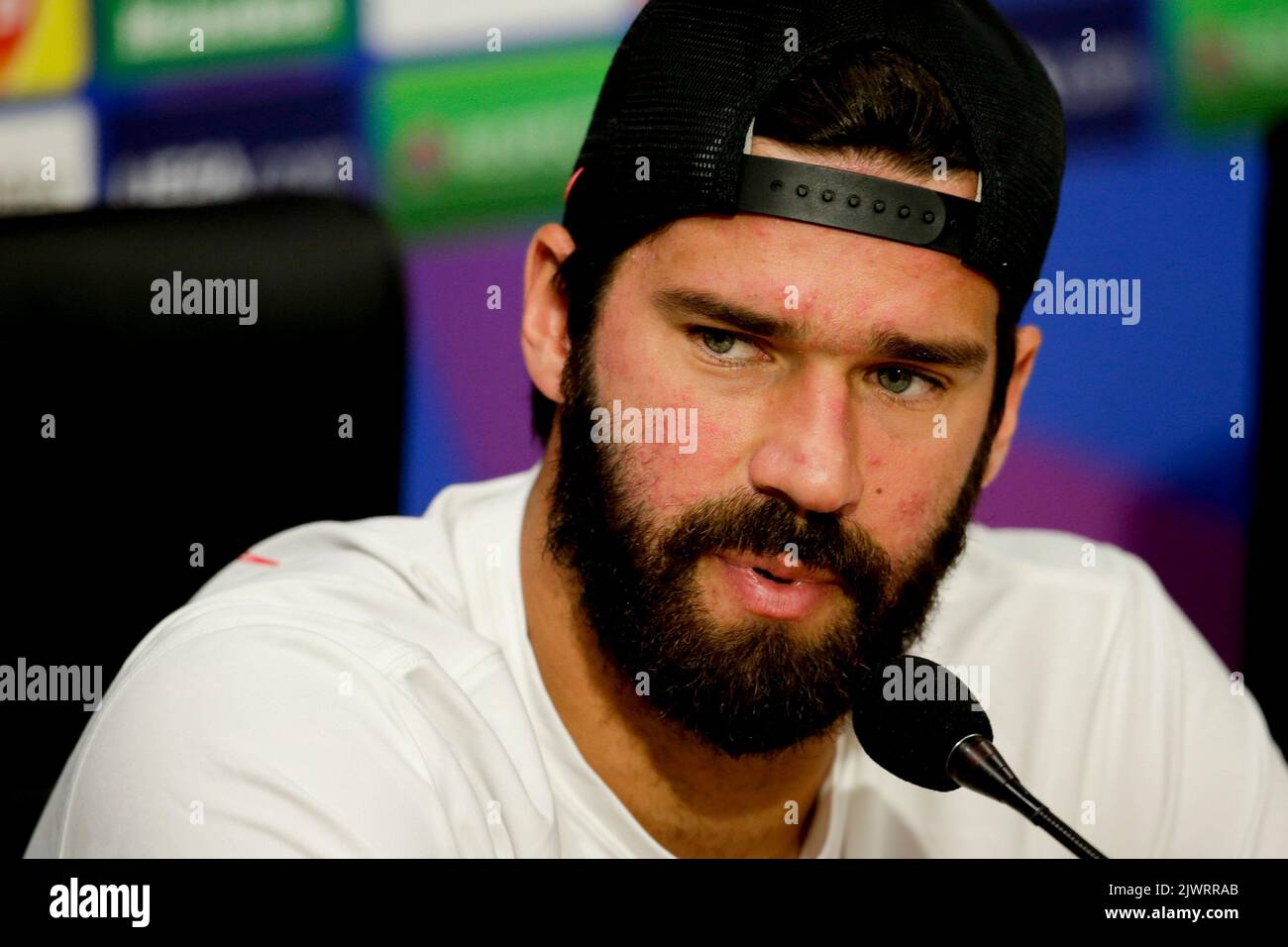 Liverpool's Brazilian goalkeeper Alisson Becker During press conference ...