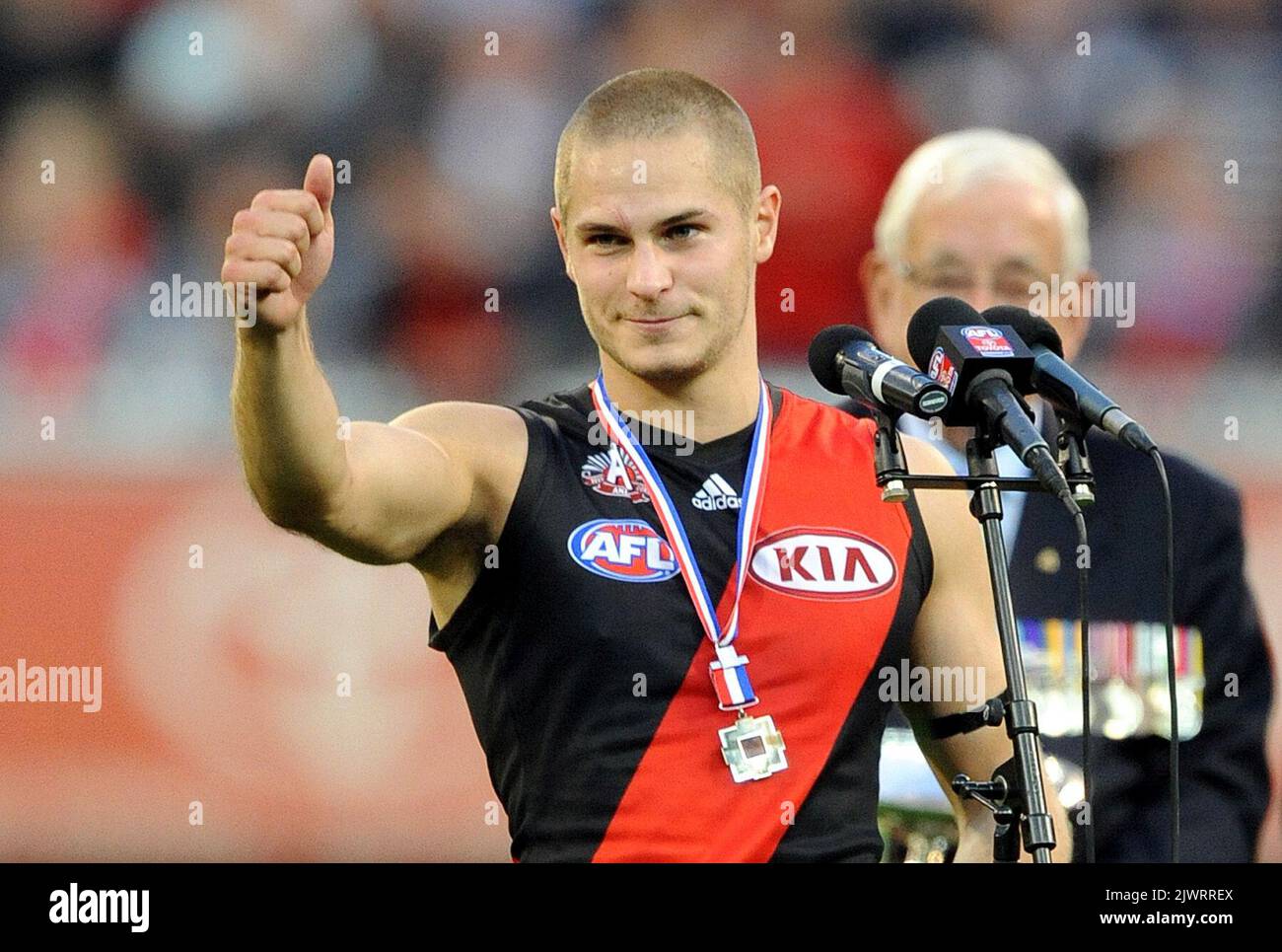 David Zaharakis of Essendon celebrates after being awarded with the ...