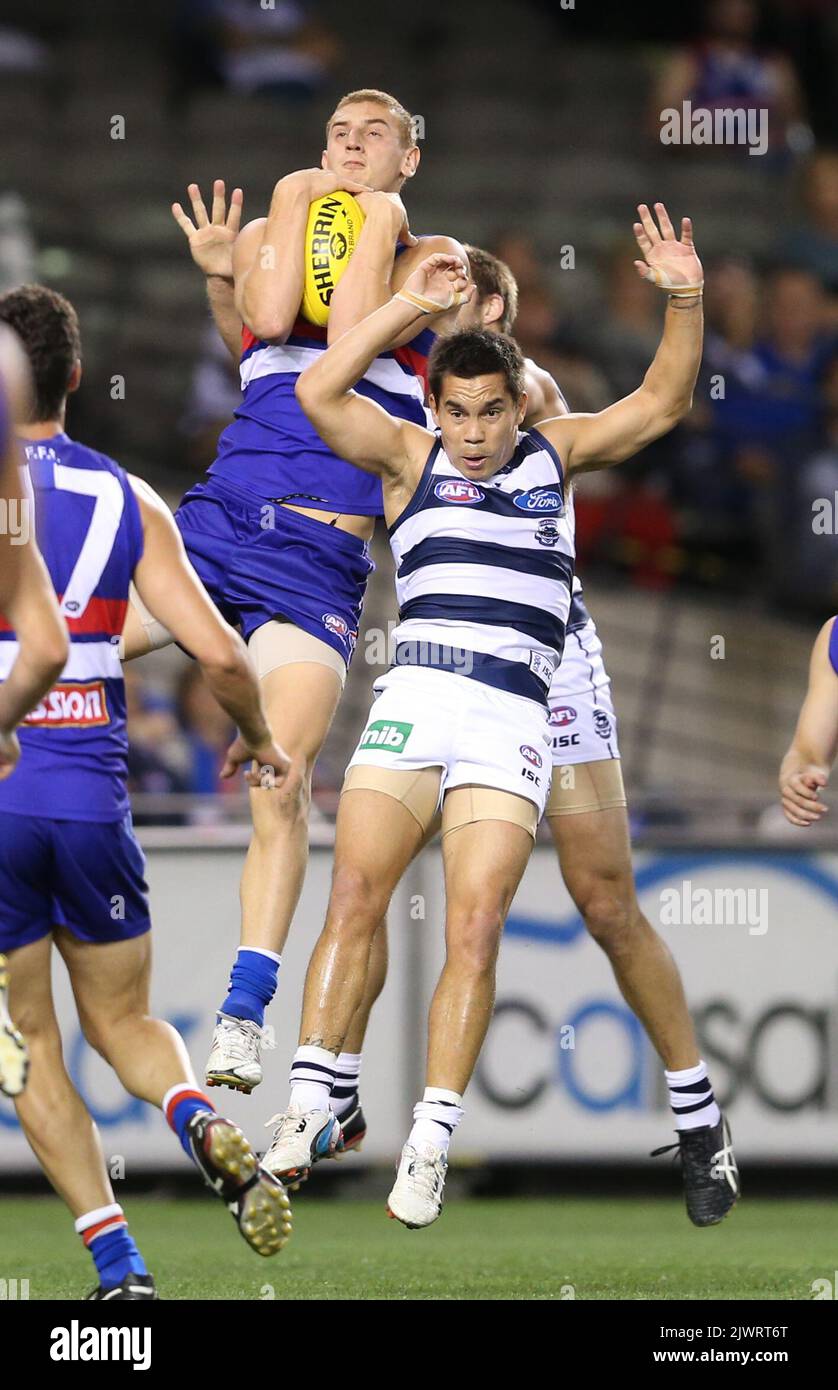 Liam Jones takes a mark for the Bulldogsduring their round five AFL ...