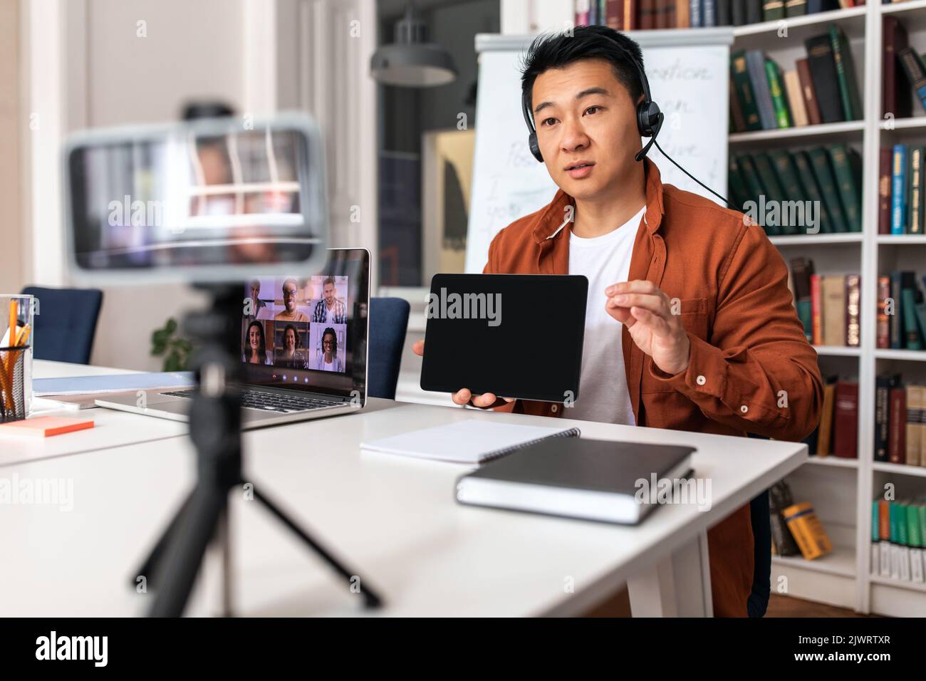 Asian Teacher Man Showing Tablet Having Video Lecture In Classroom ...
