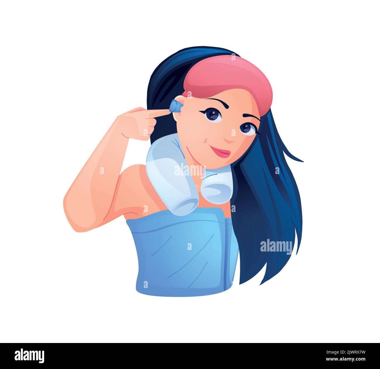 cartoon girl in pajamas pointing with her hand at the ear plugs in her ...
