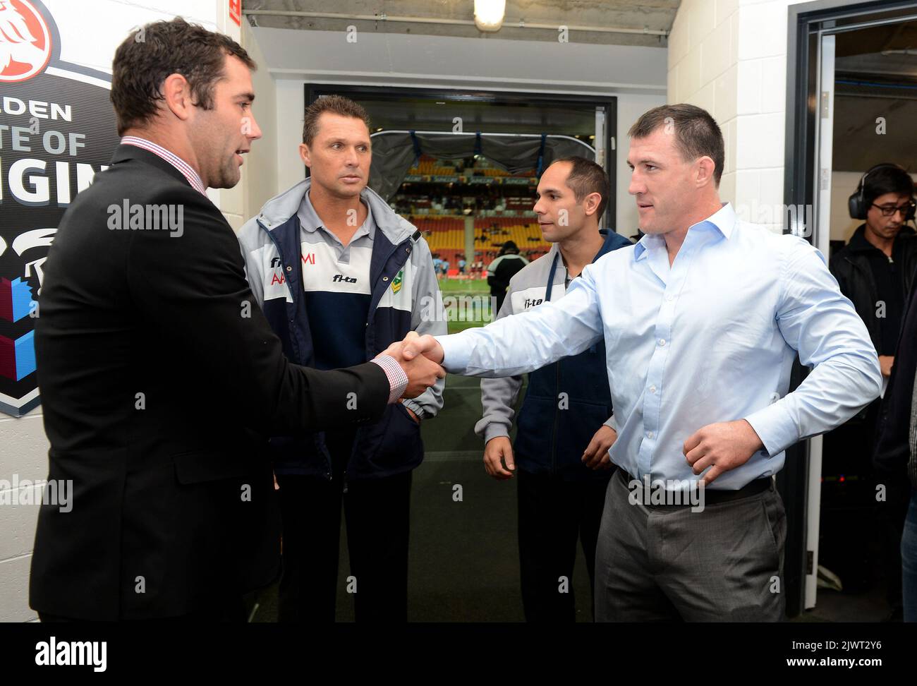 Cameron Smith shakes hands with Paul Gallen prior to Game II of the ...