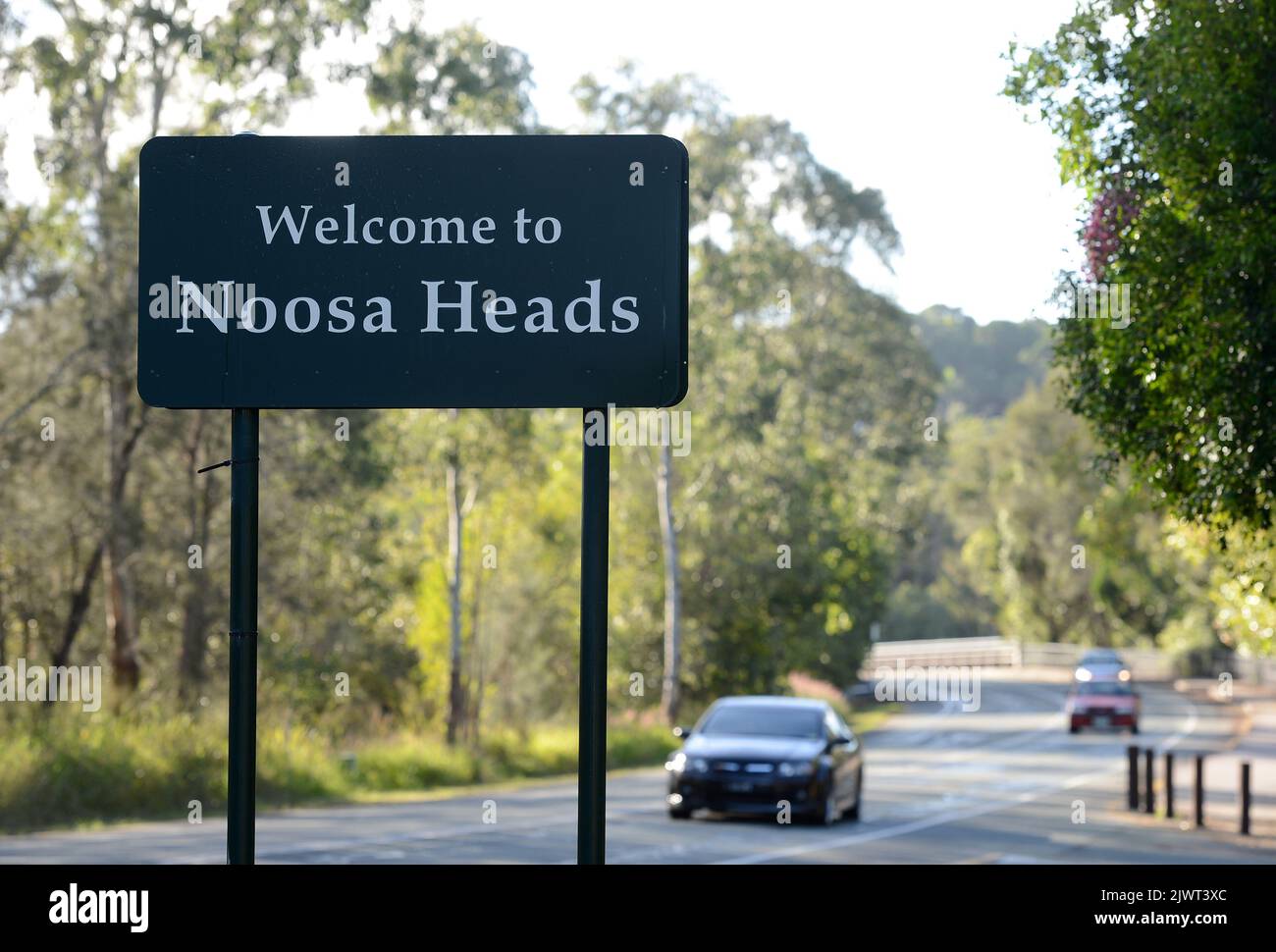 A wecome sign is seen on a road into the resort town of Noosa Heads on ...