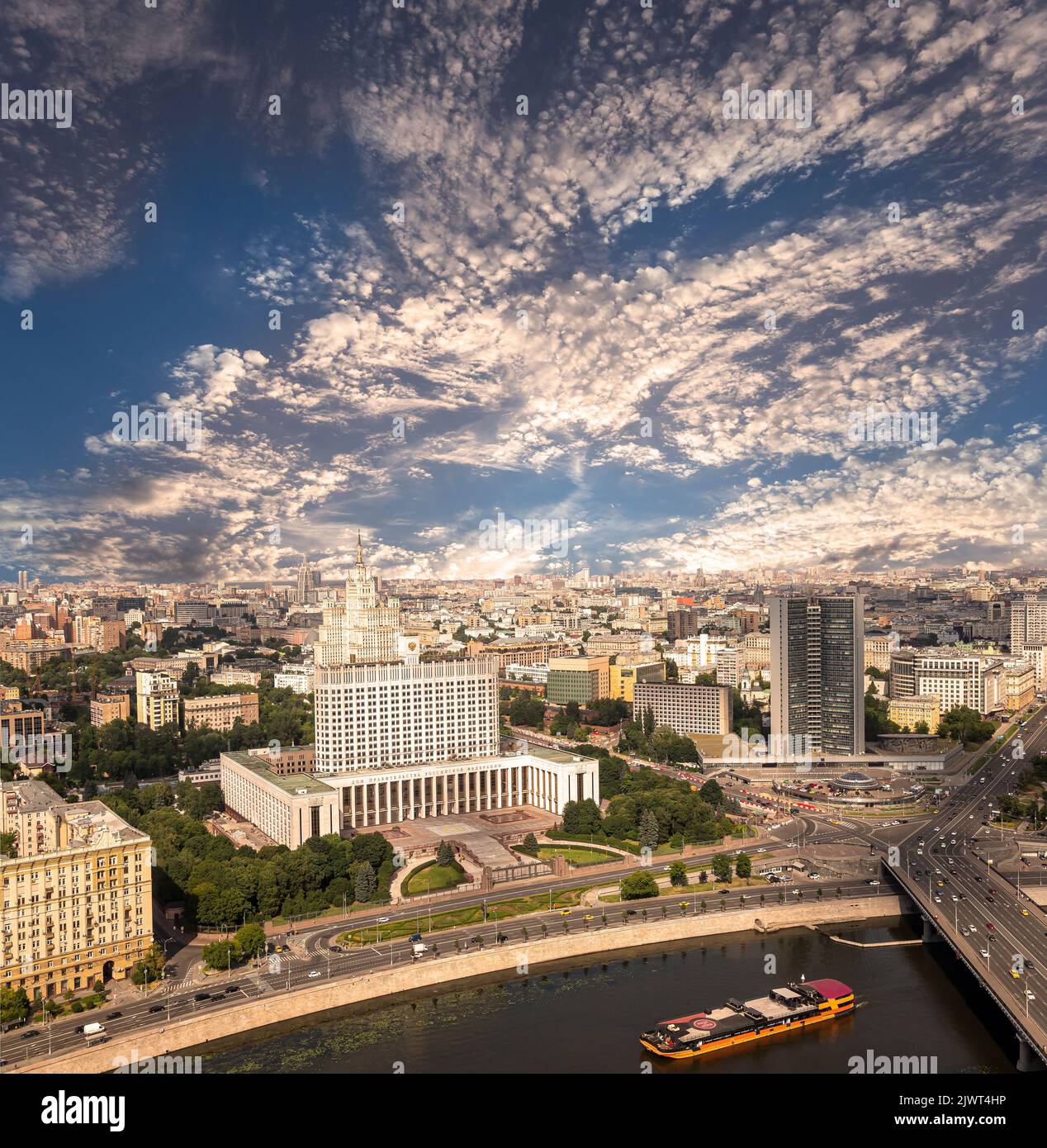 Aerial view of Moscow against the background of a romantic evening sky ...