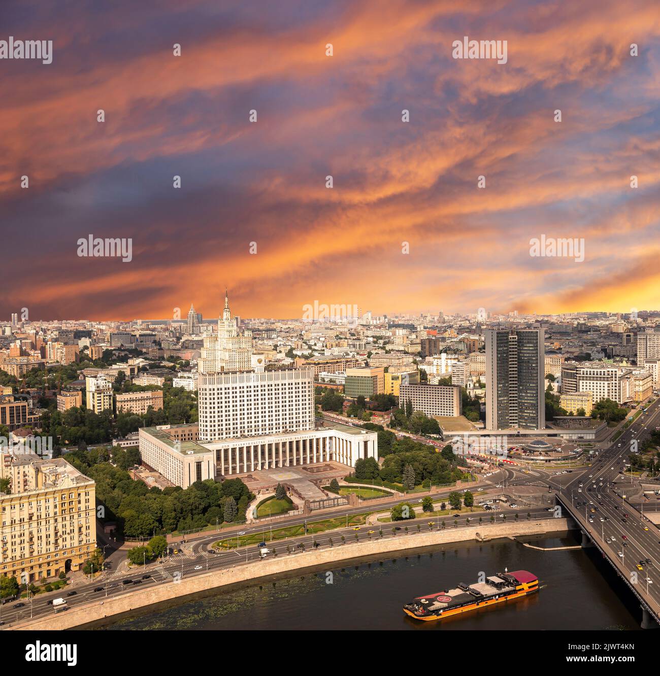 Aerial view of Moscow against the background of a romantic evening sky ...