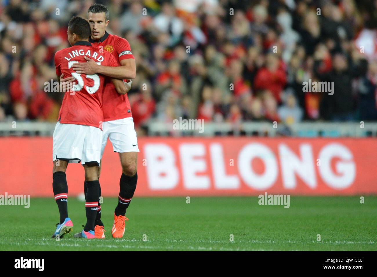Manchester United's Robin Van Persie celebrates with Jesse Lingardafter ...